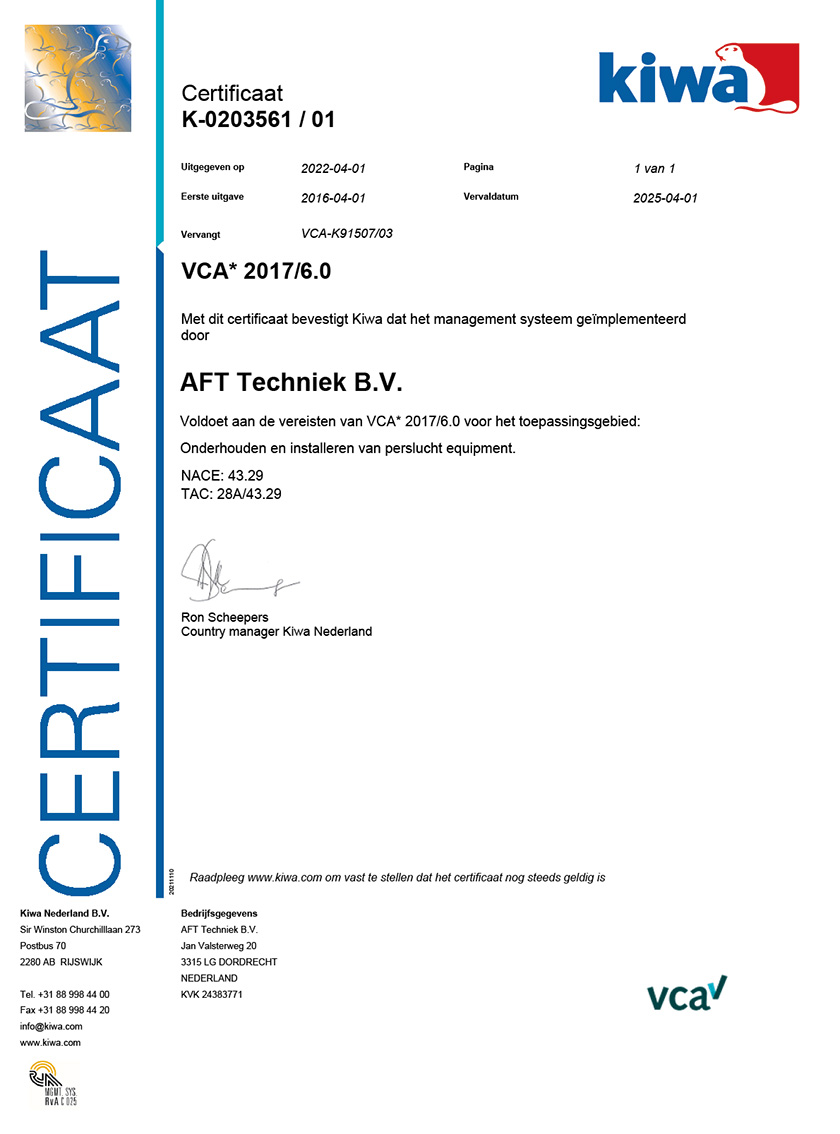 VCA certificaat - AFT Techniek